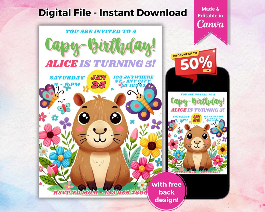 Editable Capybara Invitation Capy Birthday Invite Printable Capybara ...