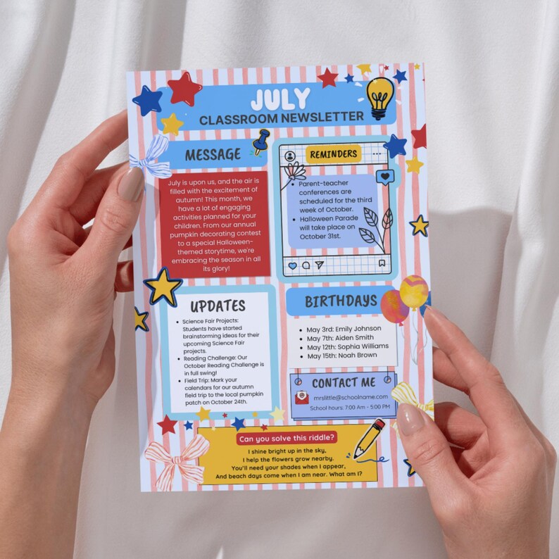 July Classroom Newsletter Editable Template, Monthly Teacher Bulletin ...