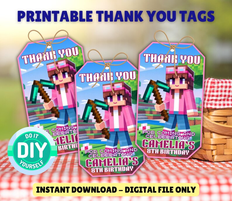 Editable Minecraft Birthday Thank You Tags Printable Template DIY Girl ...