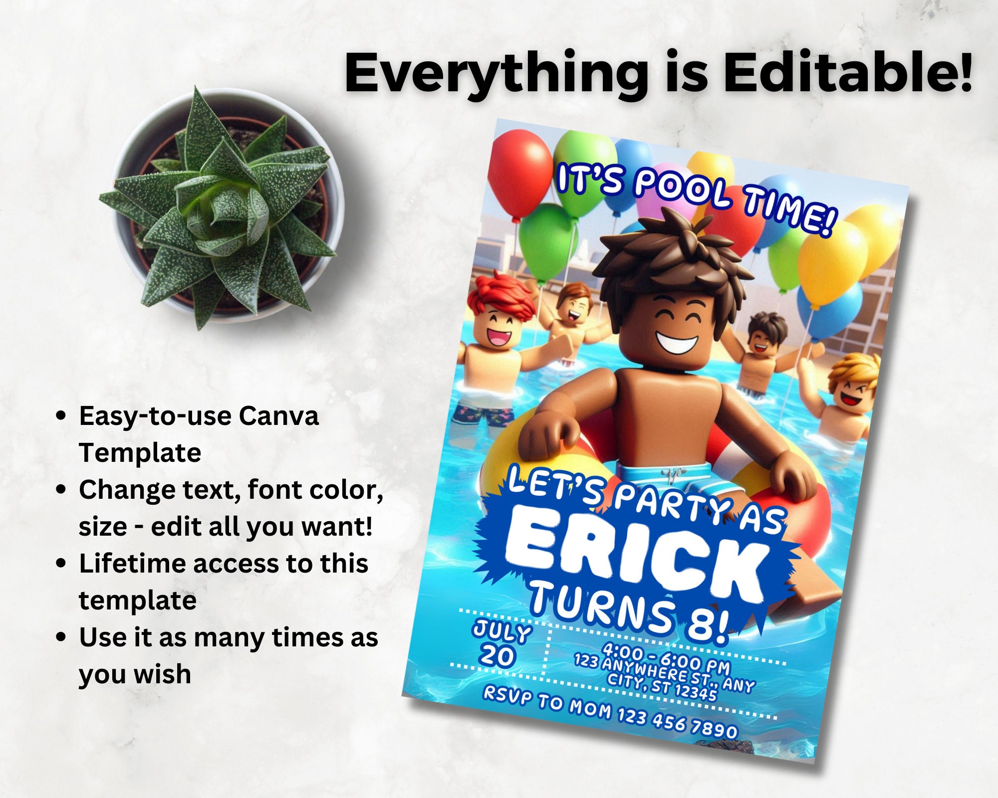 Pool Party Birthday Invitation Roblox Boys Birthday Pool Party ...