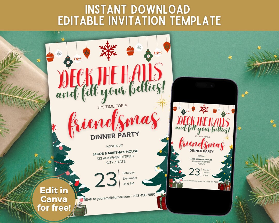 Friendsmas Party Invitation Canva Editable Template Deck the Halls ...