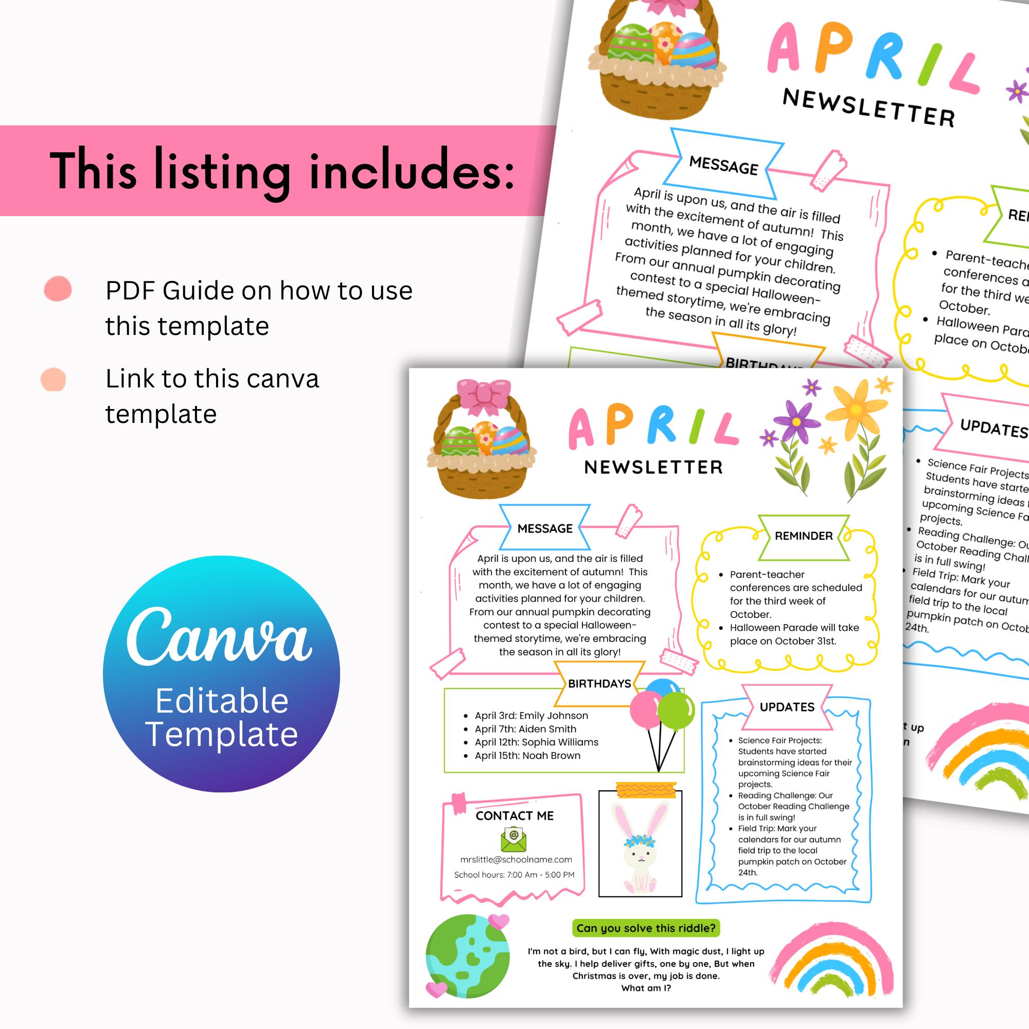 April Classroom Newsletter Teacher Editable Template, Printable Monthly ...