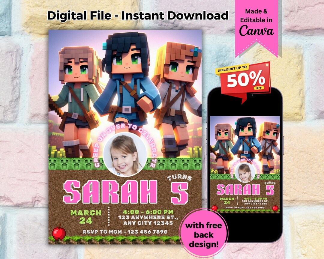 Editable Minecrafter Girl Birthday Invitation Minecraft Creeper ...