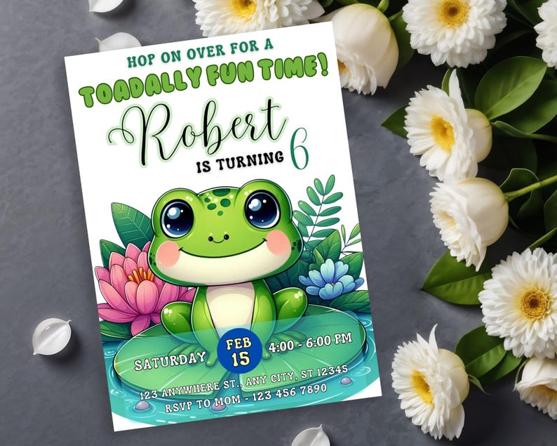 Editable Little Frog Birthday Invitation Template, Cute Green Amphibian ...
