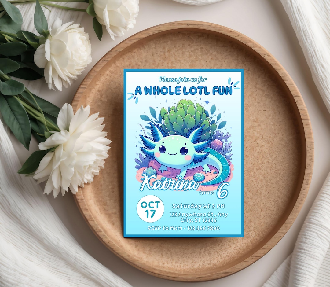 Axolotl Birthday Party Invitation Editable Canva Template Blue Axolotls ...