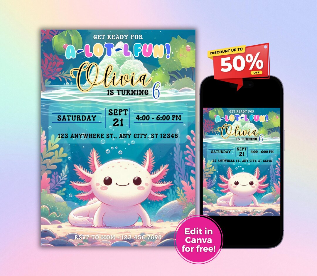Axolotl Birthday Invitation Pastel for Girl Editable Pink Axolotls ...