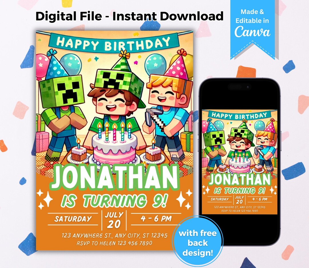 Editable Minecrafter Birthday Invitation Minecraft Creeper Bday Invite ...