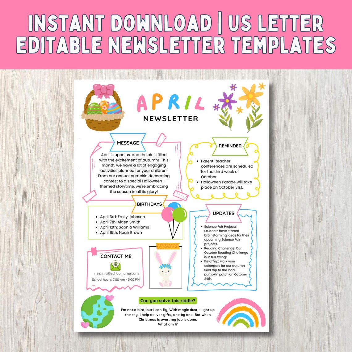 April Classroom Newsletter Teacher Editable Template, Printable Monthly ...