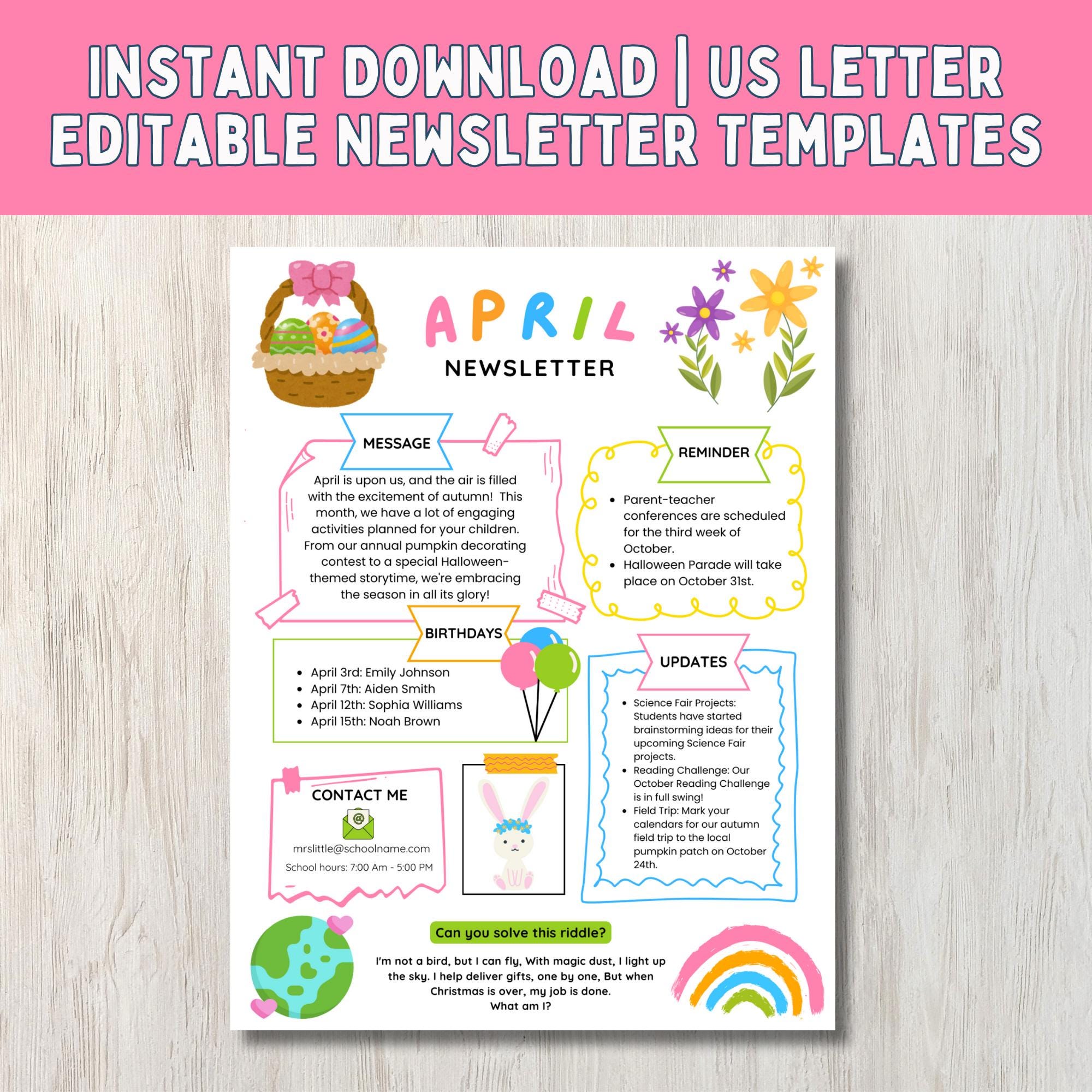 April Classroom Newsletter Teacher Editable Template, Printable Monthly ...