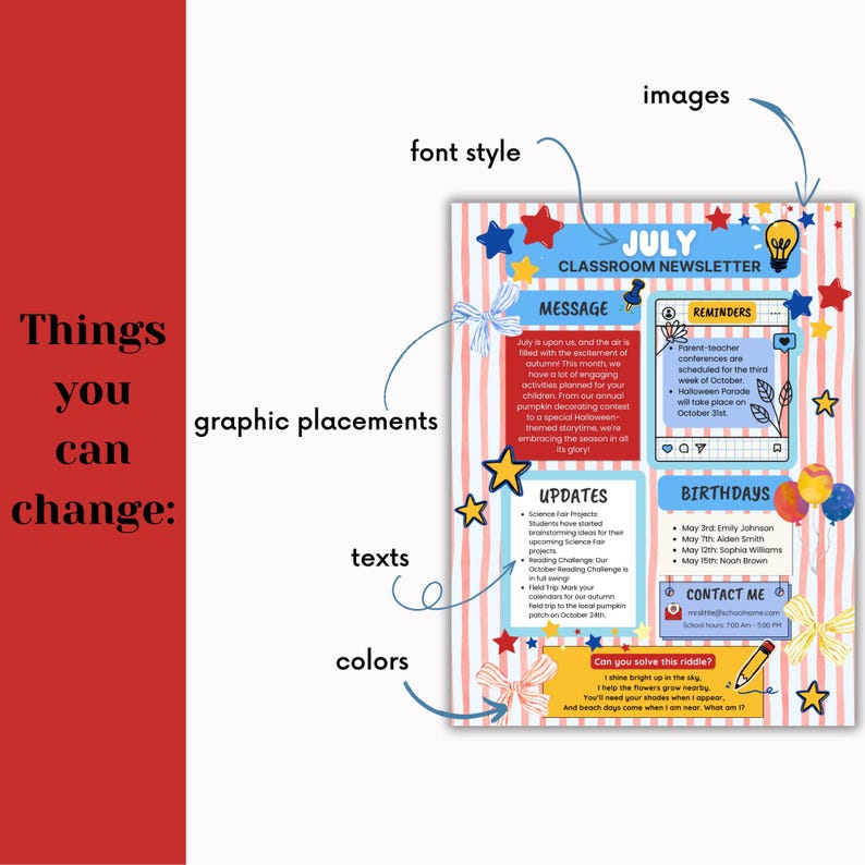 July Classroom Newsletter Editable Template, Monthly Teacher Bulletin ...