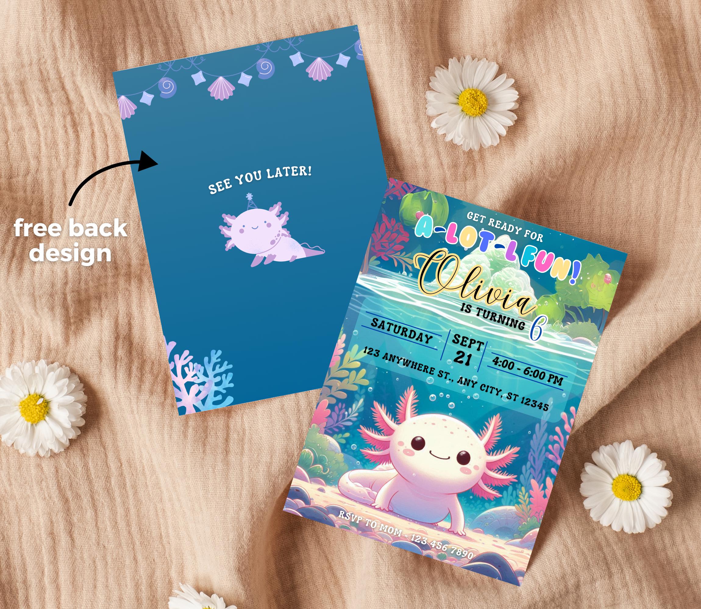 Invitación de cumpleaños de axolotl pastel para niña Invitación de ...