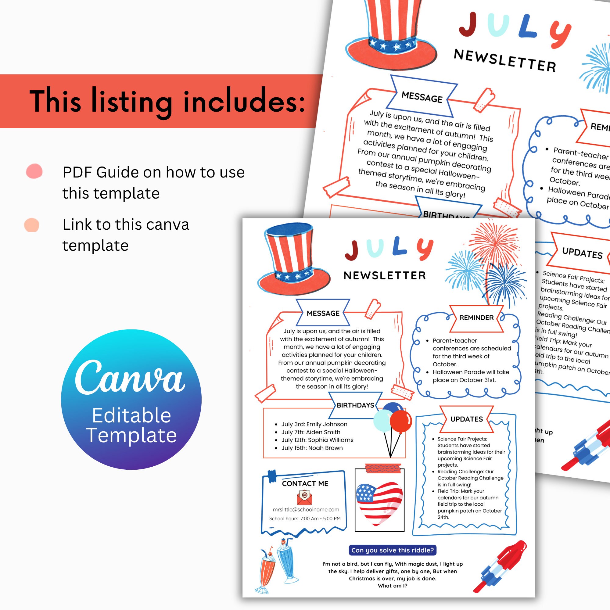 July Classroom Newsletter Template Printable Monthly Teacher Template ...