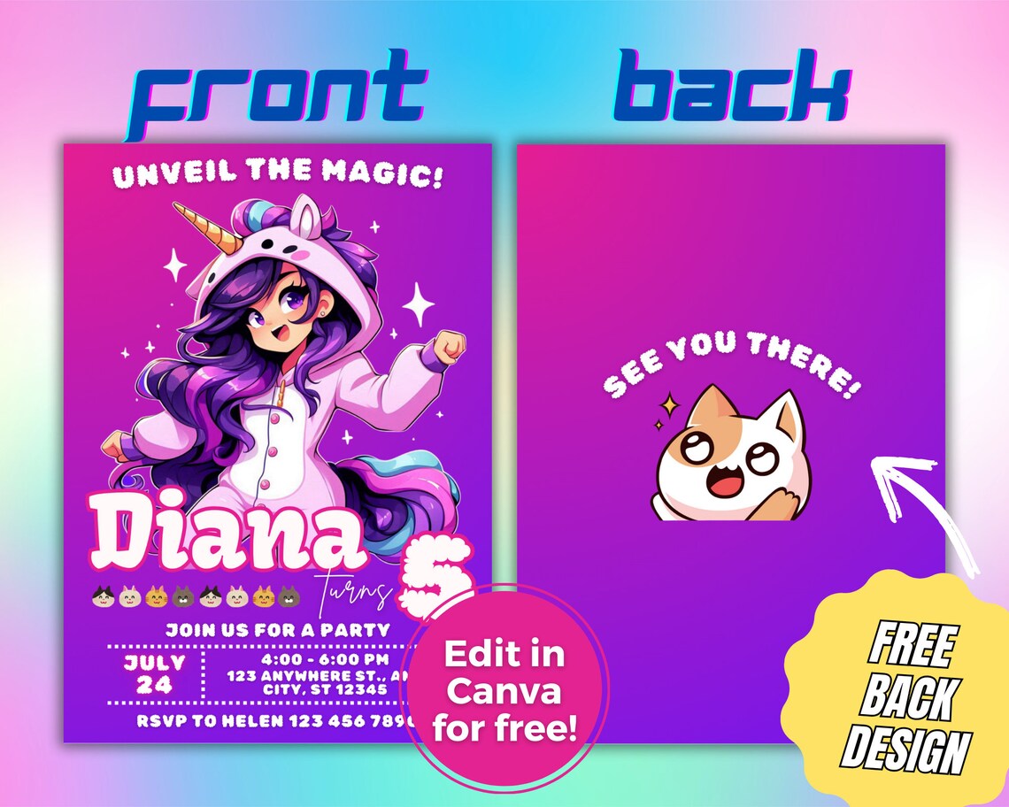 Aphmau Birthday Invitation Printable Unicorn Girl Birthday Invitation ...