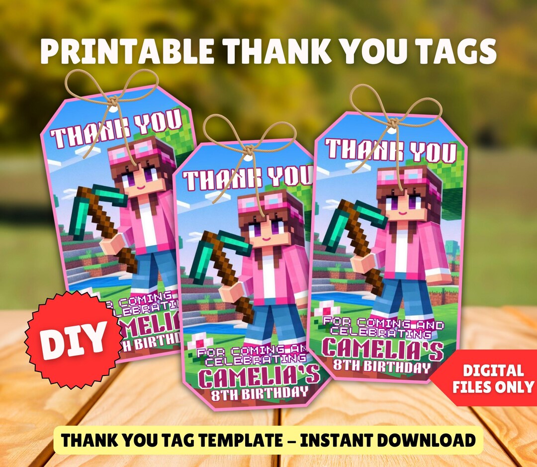 Minecraft Birthday Thank You Tags Editable Template DIY Girl ...