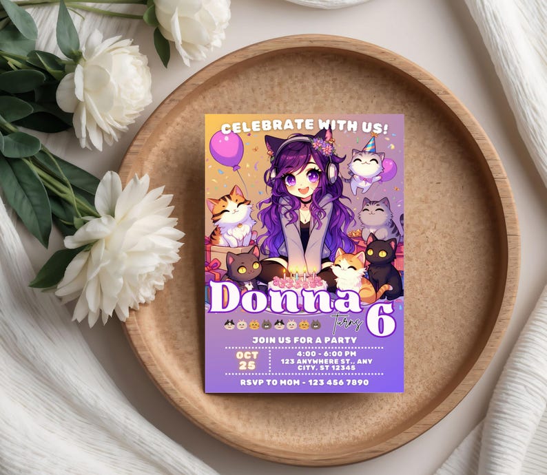 Cat Girl Aphmau Birthday Invitation Printable Kids Invitation Canva ...