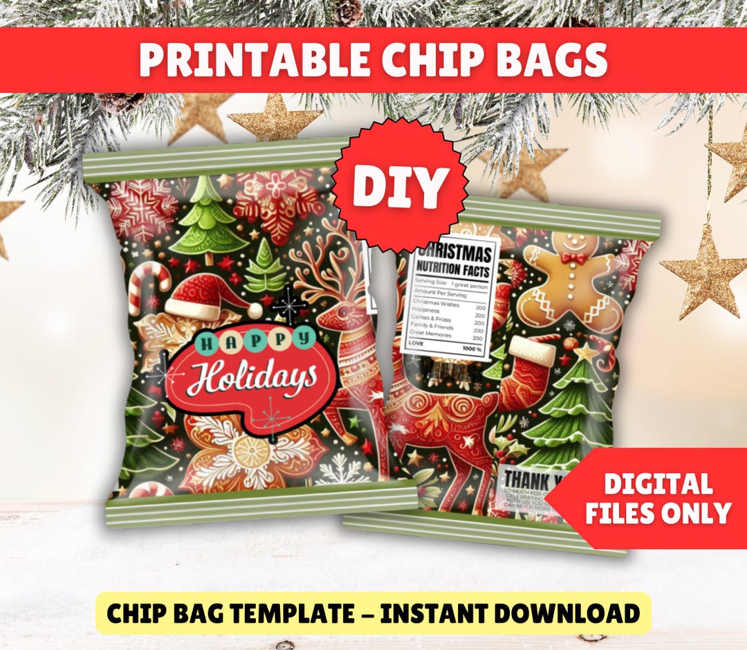 Printable Christmas Chip Bag Wrapper Template Holiday Party Favors ...