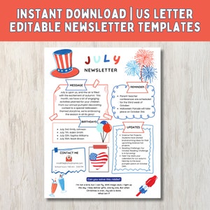 July Classroom Newsletter Template Printable Monthly Teacher Template ...