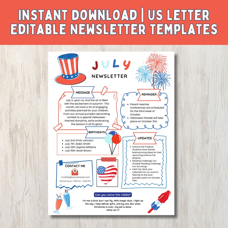July Classroom Newsletter Template Printable Monthly Teacher Template ...