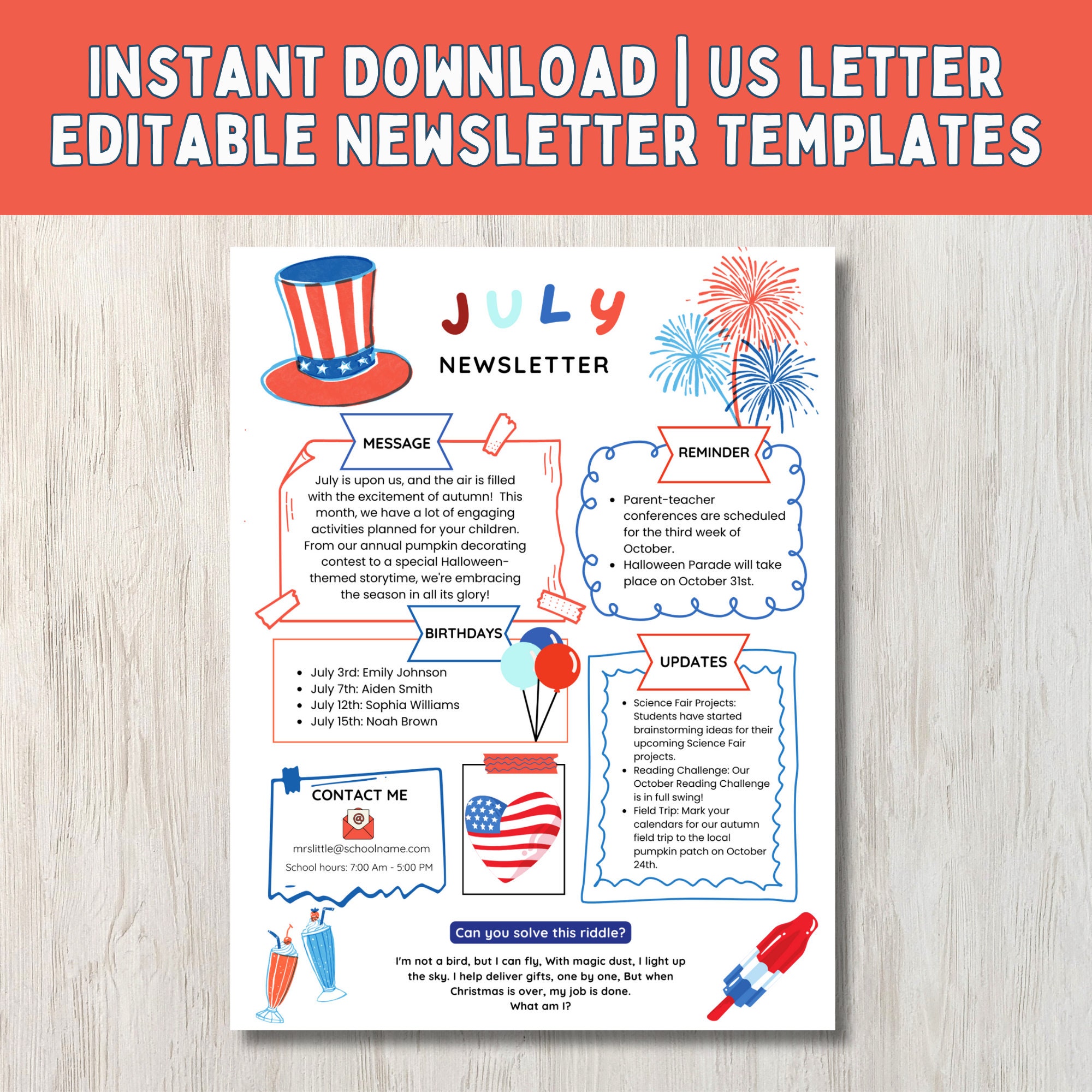 July Classroom Newsletter Template Printable Monthly Teacher Template ...