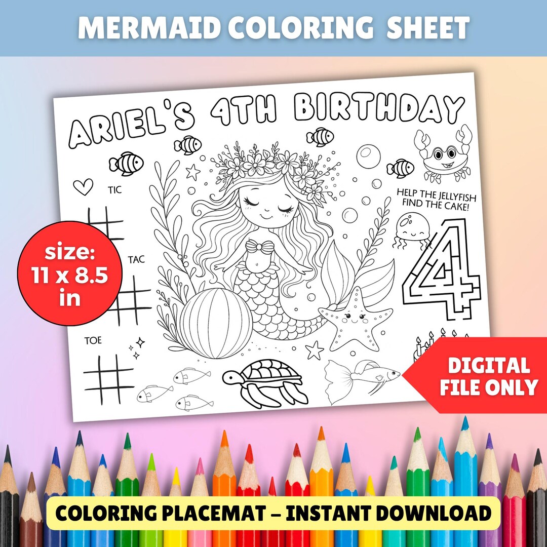Mermaid Birthday Coloring Page Printable PDF Under the Sea Theme Party ...