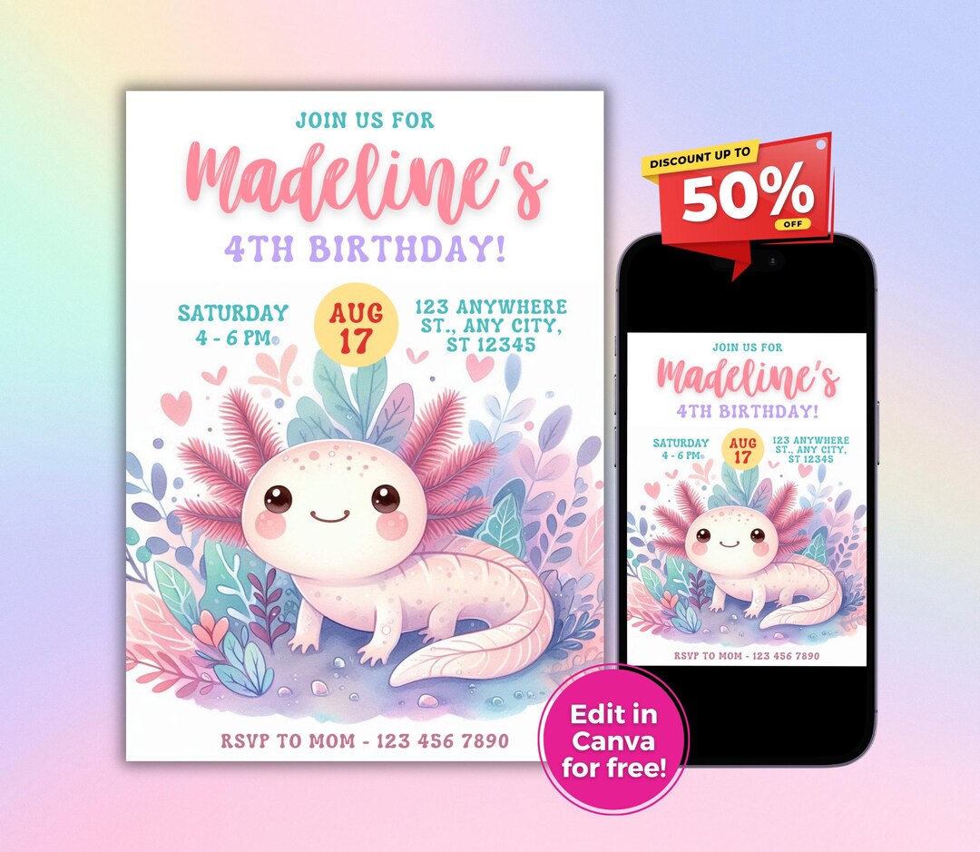 Editable Axolotl Birthday Invitation Pastel for Girl Printable Under ...