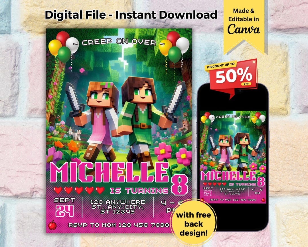 Editable Girl Minecrafter Birthday Invitation Template Minecraft ...