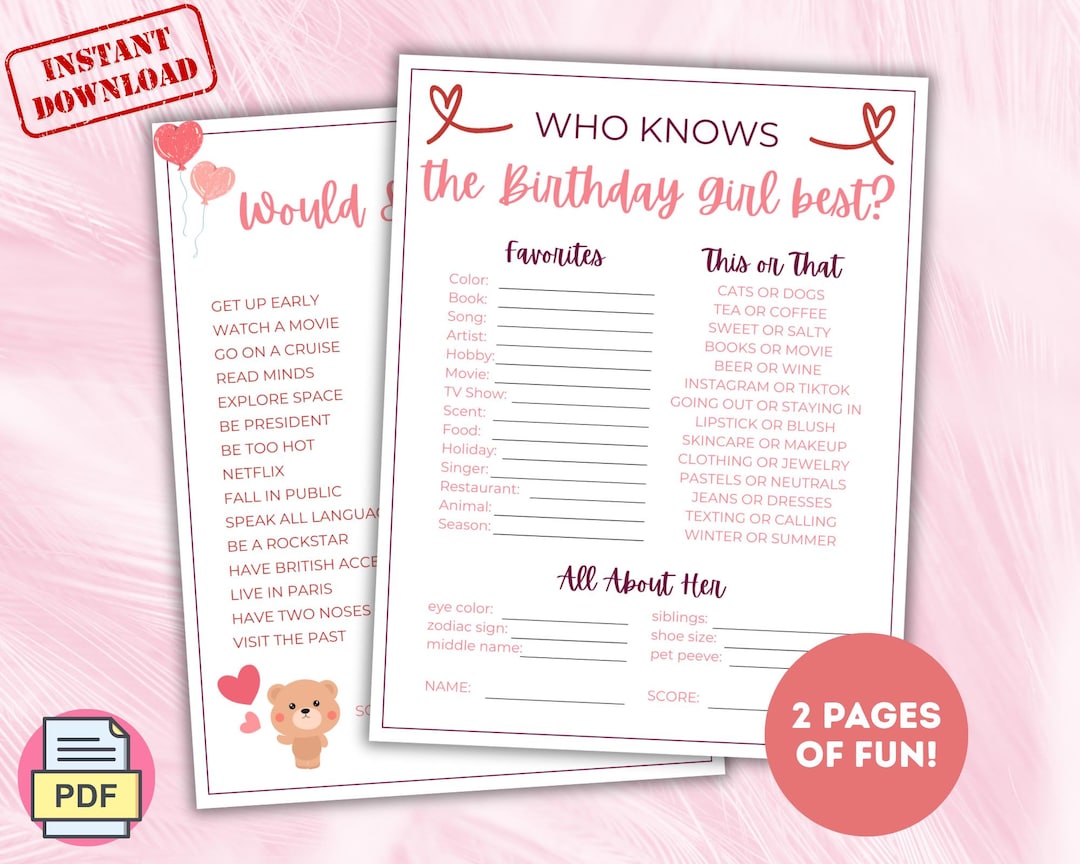 Printable Who Knows the Birthday Girl Best Minimalist Birthday Party ...