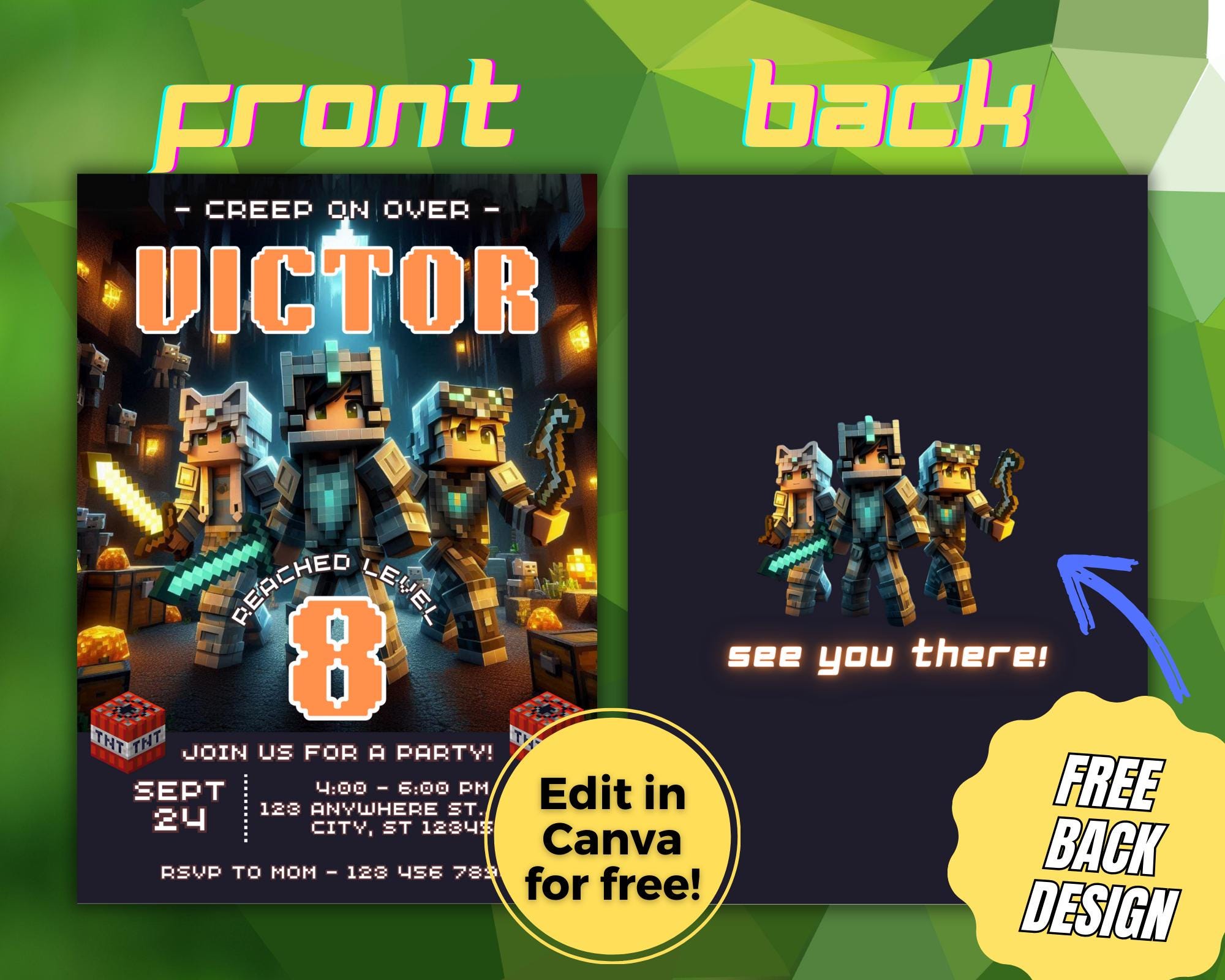 Minecrafter Birthday Invitation Canva Editable Minecraft Creeper Invite ...