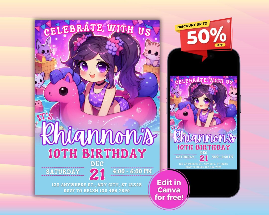 Editable Aphmau Birthday Invitation Template Outdoor Pool Party ...