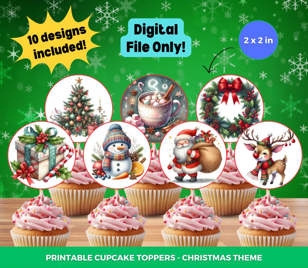 10 Christmas Cupcake Toppers Printable Santa Claus Snowman Gift Star ...