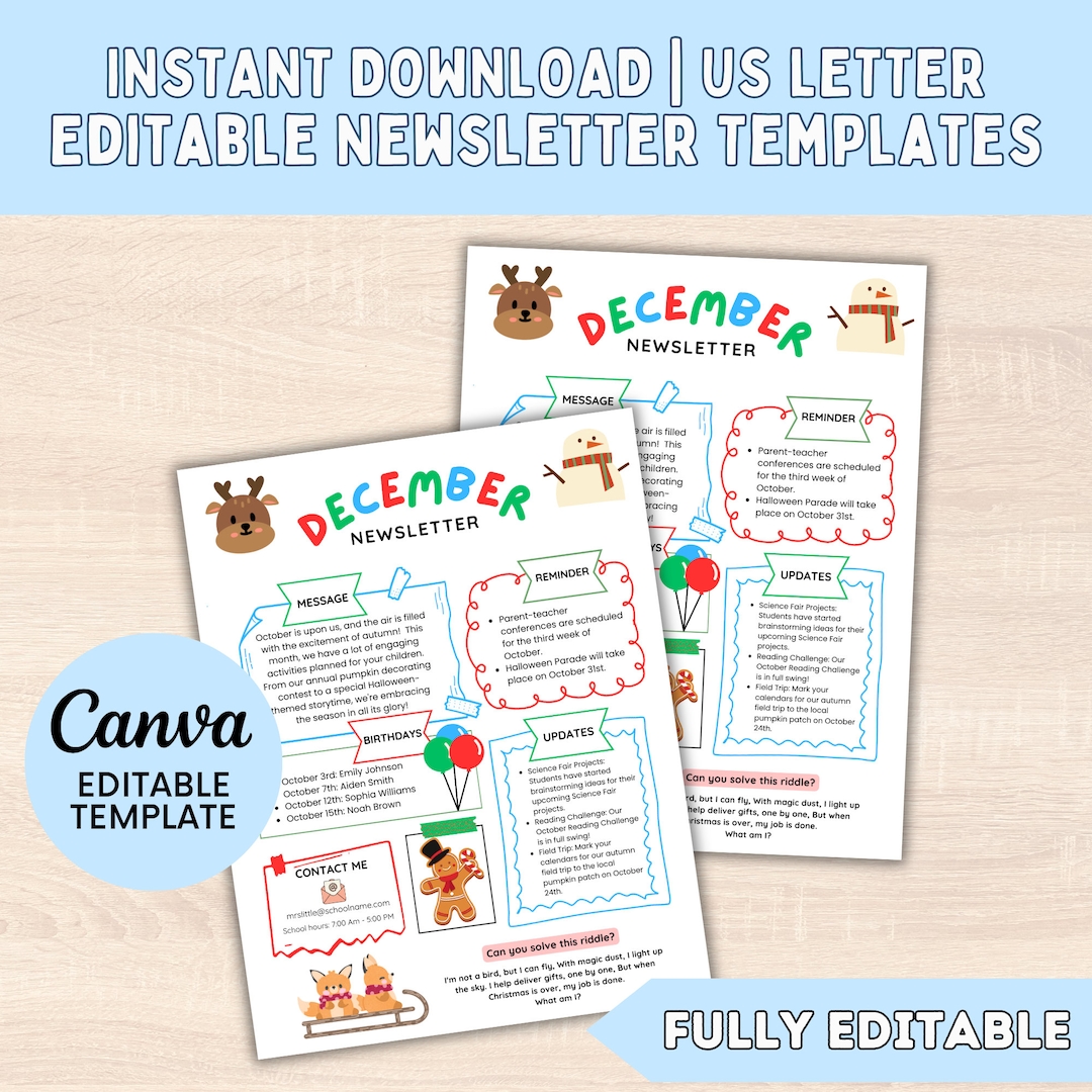December Classroom Newsletter Template Printable Monthly Teacher ...