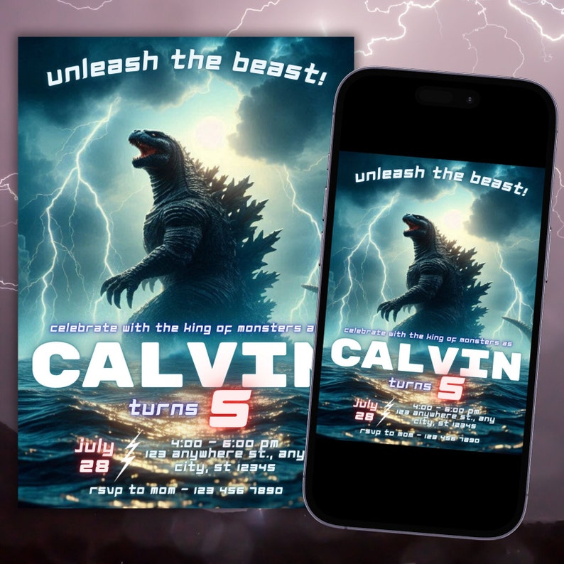 Editable Godzilla Birthday Invitation Boys Monster Party Godzilla King ...