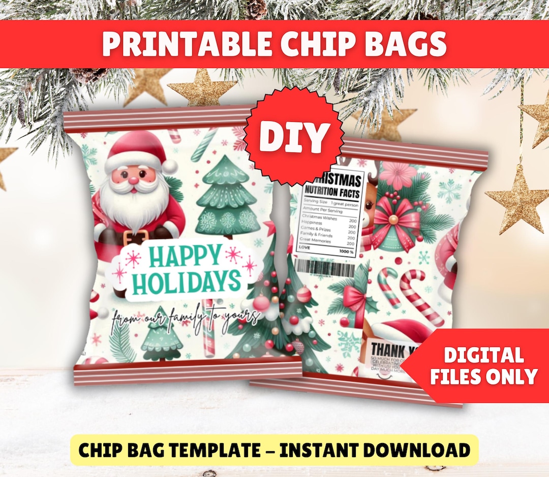 Christmas Chip Bag Wrapper, Printable Holiday Party Favors Treat ...