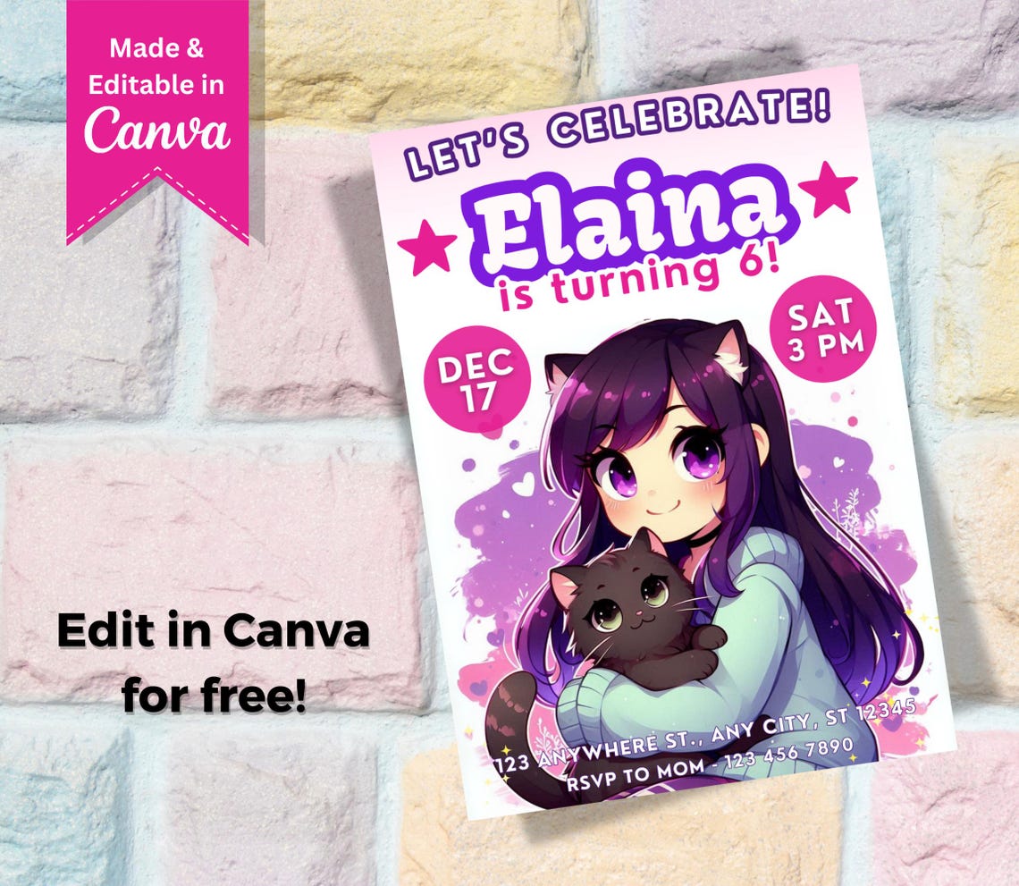 Little Aphmau Birthday Party Invitation, Printable Cat Lover Girl Evite ...