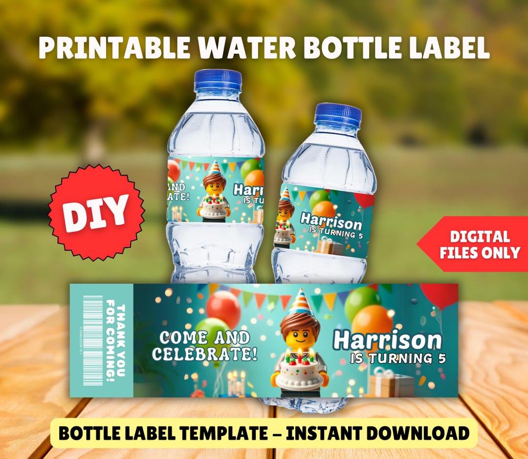 Building Block Water Bottle Label Printable Template Customized DIY Personalized Bottle Label ...