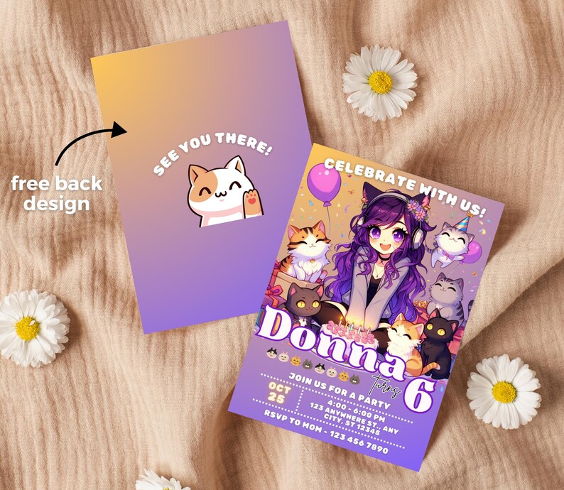 Cat Girl Aphmau Birthday Invitation Printable Kids Invitation Canva ...
