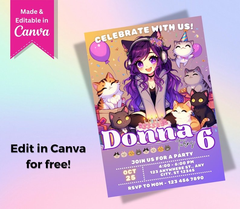 Cat Girl Aphmau Birthday Invitation Printable Kids Invitation Canva ...