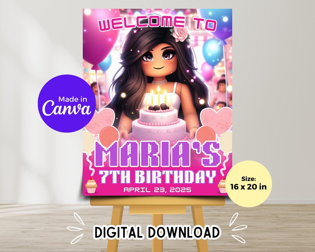 Roblox Girl Birthday Welcome Sign Editable Template Pink Poster Decor ...