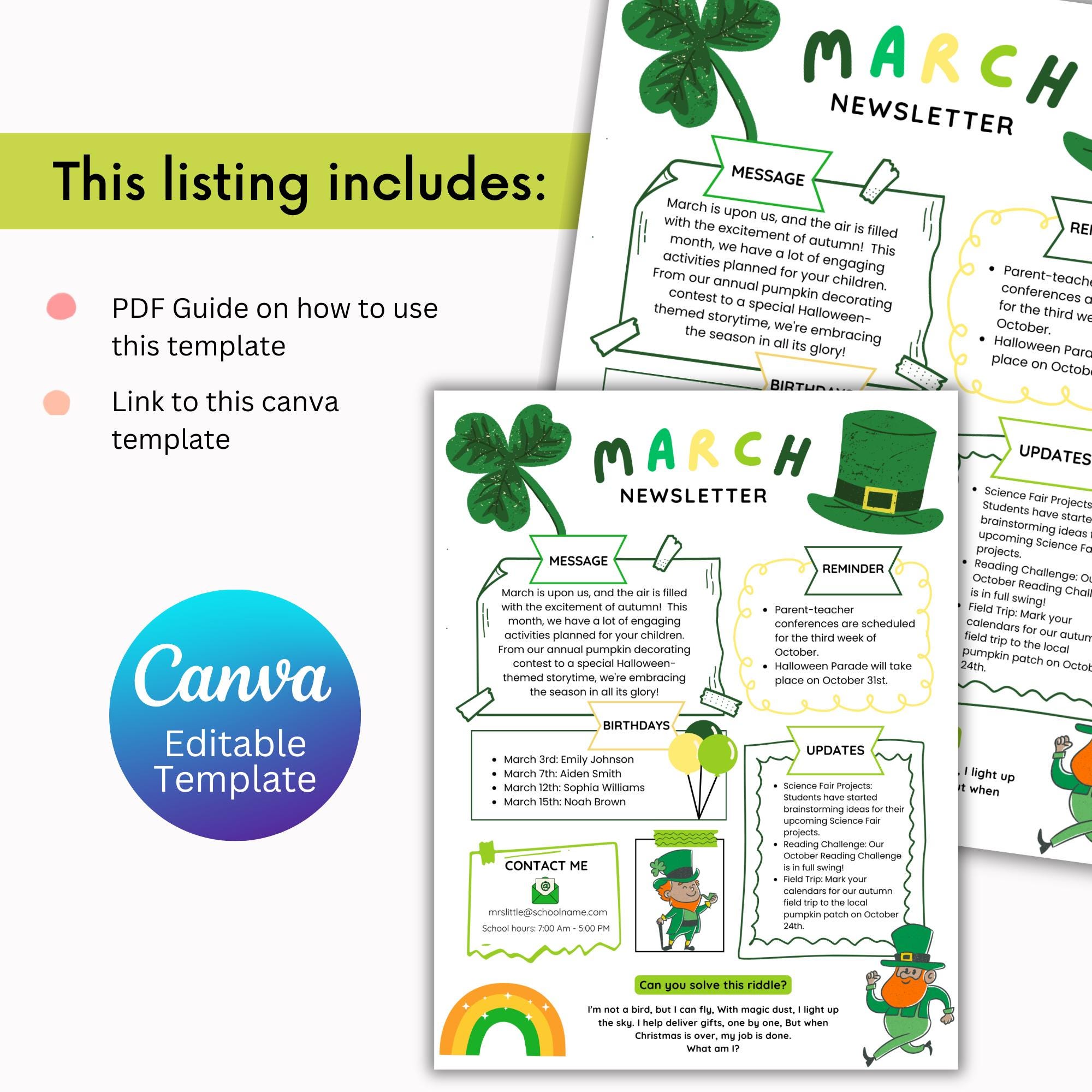 March Classroom Newsletter Template, Printable Monthly Teacher ...