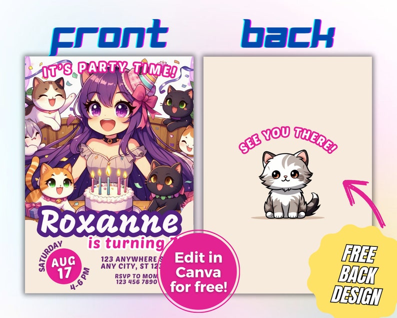 Aphmau Birthday Invitation Printable Cat Lover Girl Invitation Canva ...