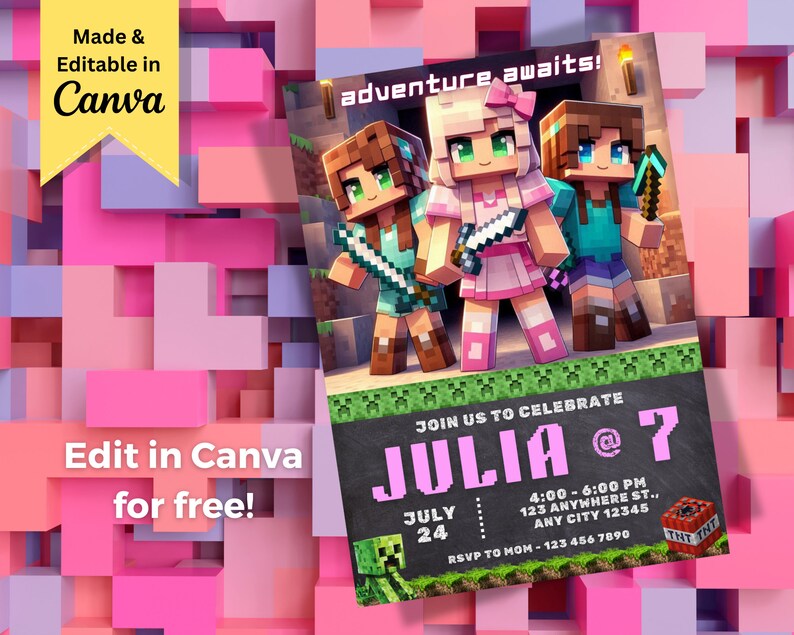 Girl Minecrafter Birthday Invitation Editable Minecrafter Invite ...
