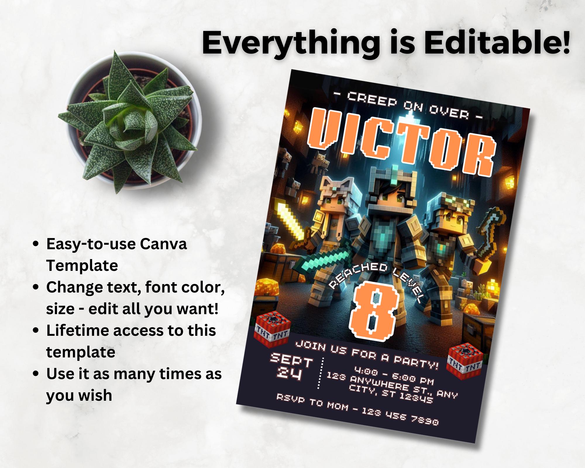 Minecrafter Birthday Invitation Canva Editable Minecraft Creeper Invite ...