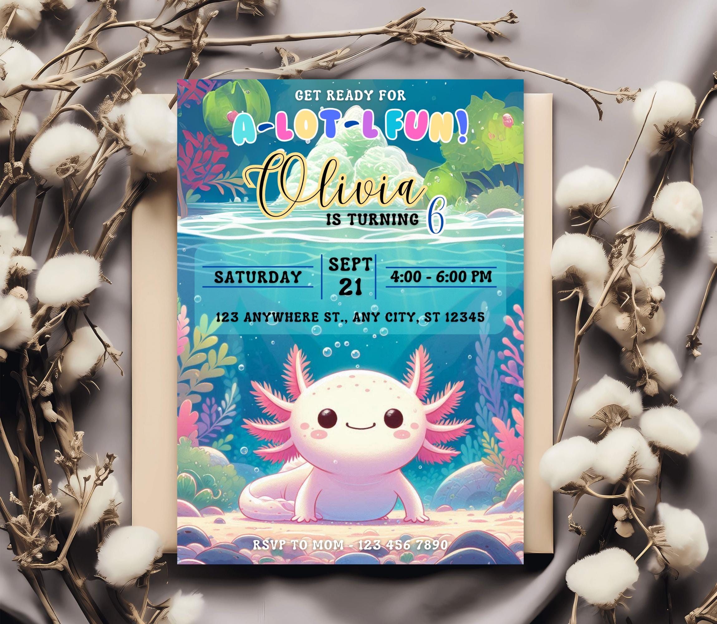 Invitación de cumpleaños de axolotl pastel para niña Invitación de ...