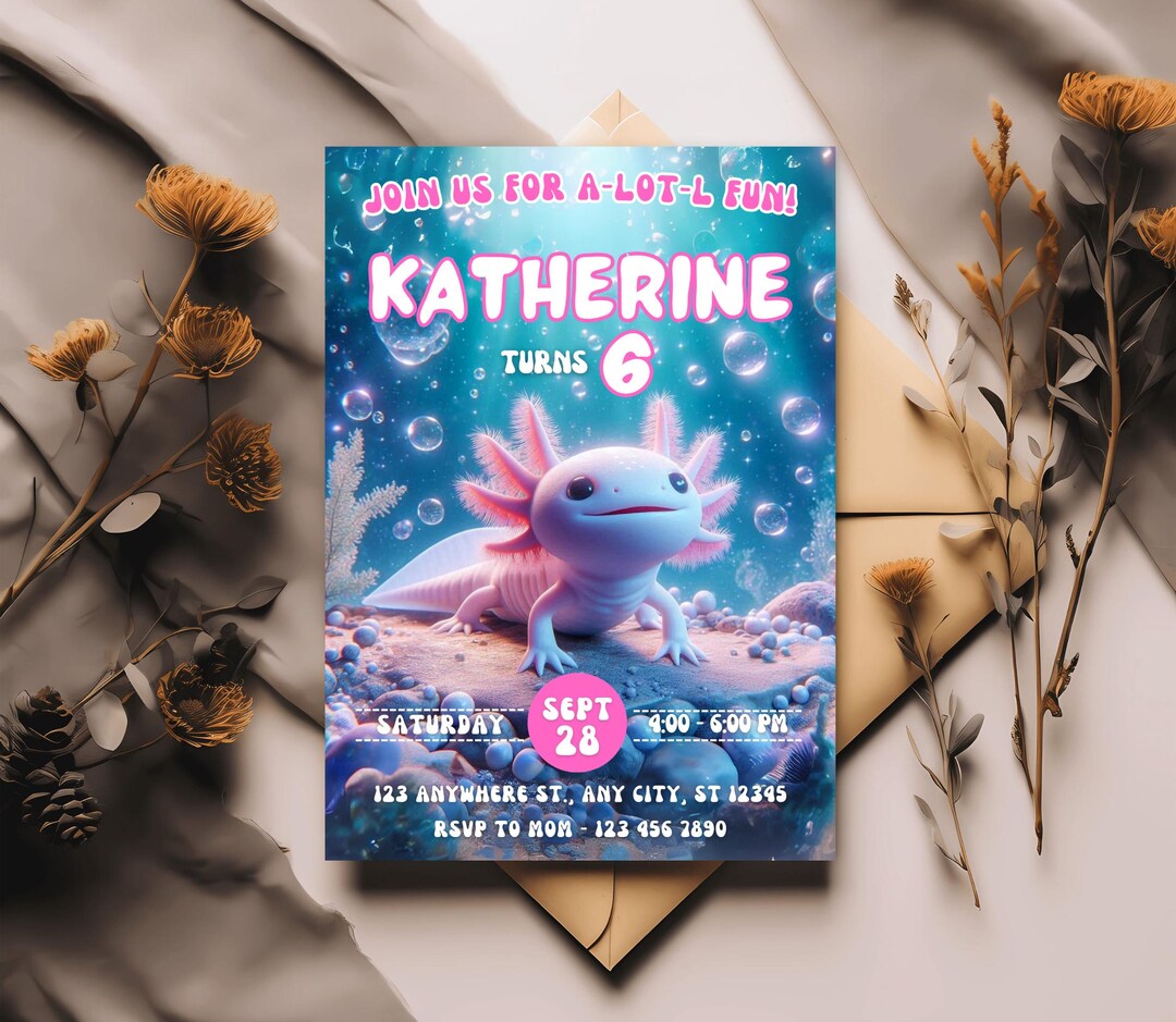 Axolotl Birthday Party Invitation, Editable Canva Template, Baby ...