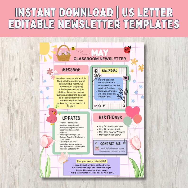 Editable May Spring Classroom Newsletter Template Monthly Teacher ...