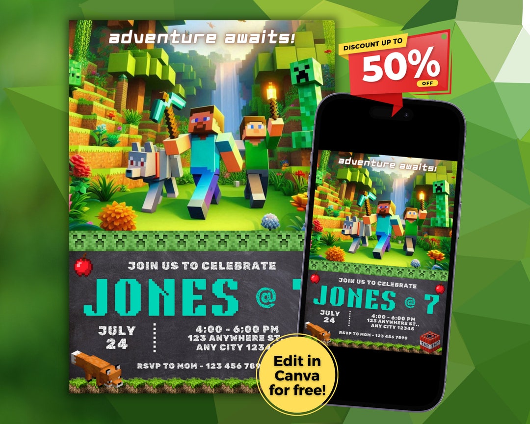 Editable Minecrafter Birthday Invitation Minecraft Creeper Invite ...