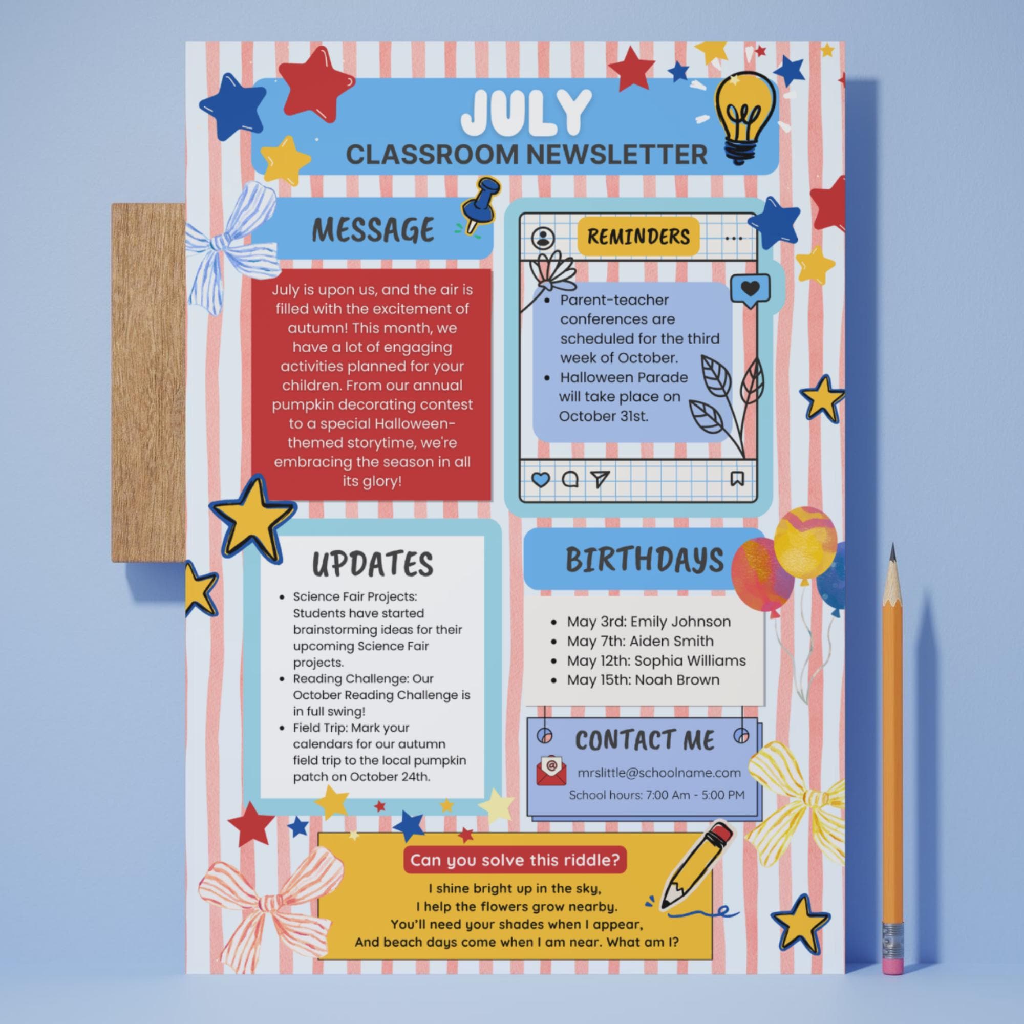 July Classroom Newsletter Editable Template, Monthly Teacher Bulletin ...