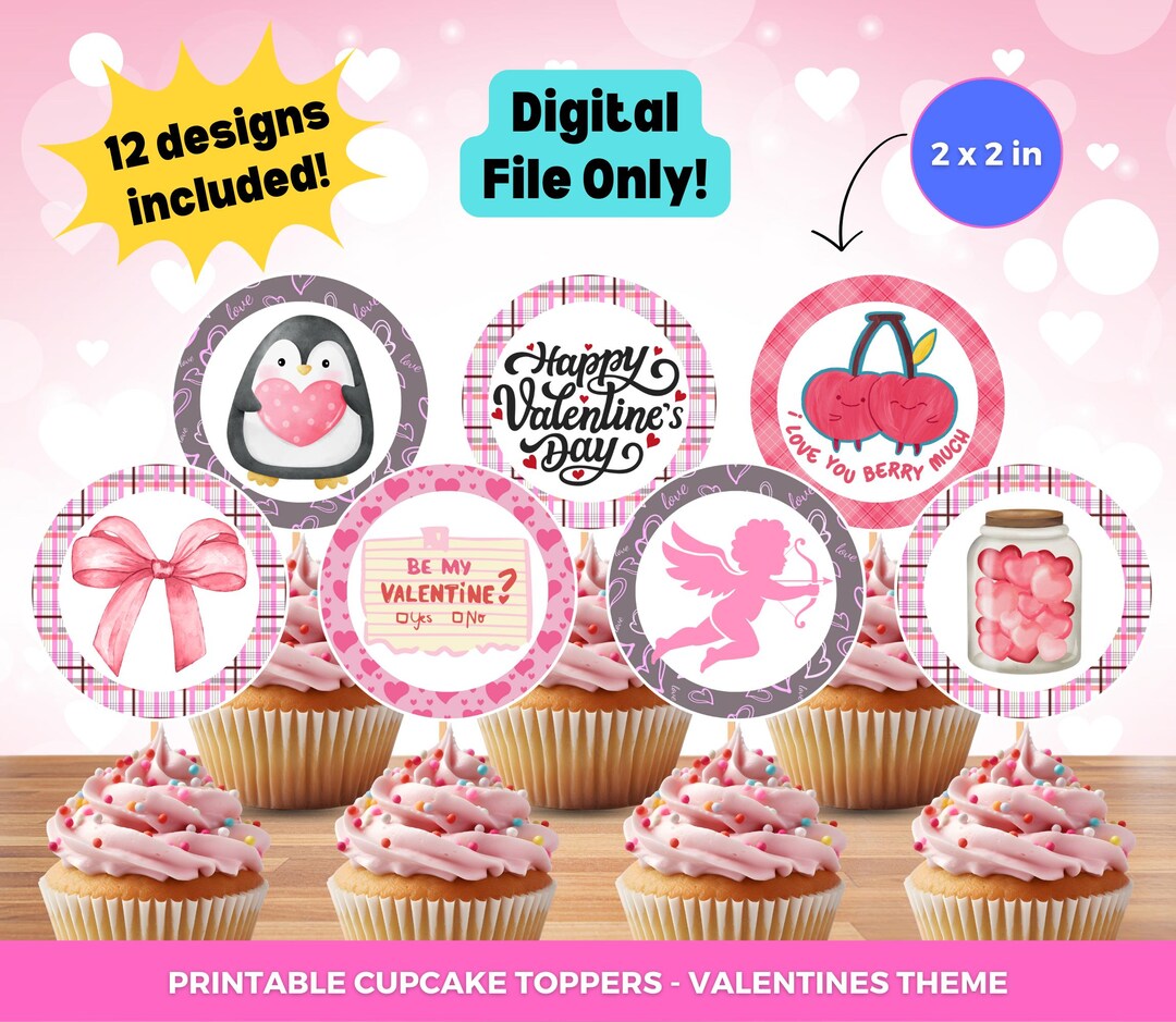 Valentines Cupcake Topper Printable Hearts Day Theme Birthday Party ...
