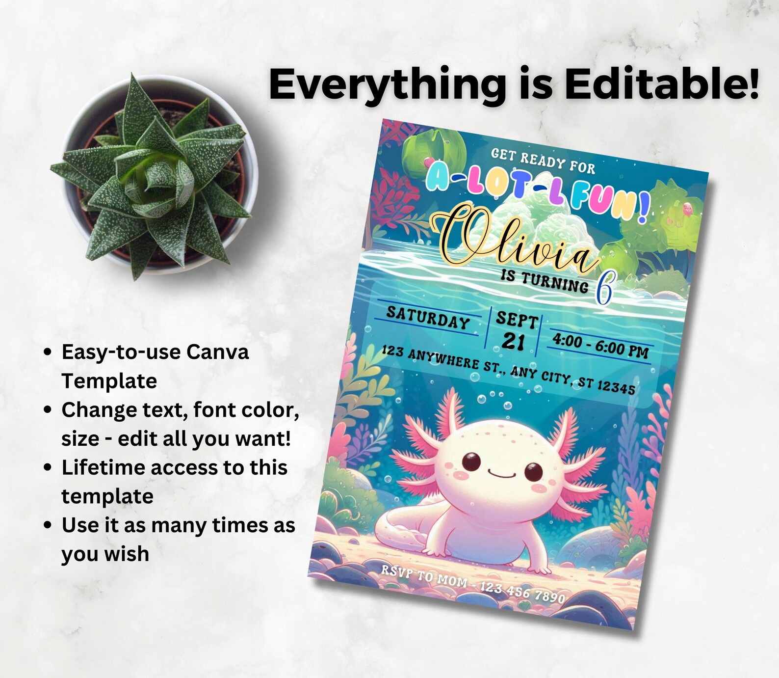 Invitación de cumpleaños de axolotl pastel para niña Invitación de ...