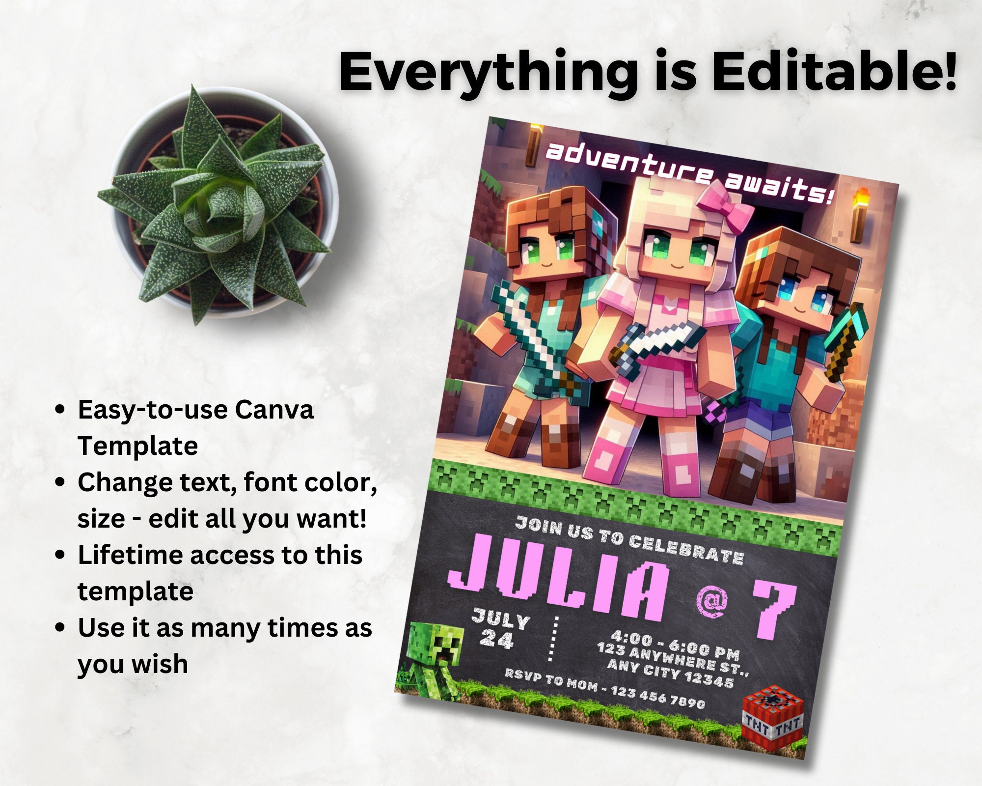 Girl Minecrafter Birthday Invitation Editable Minecrafter Invite ...